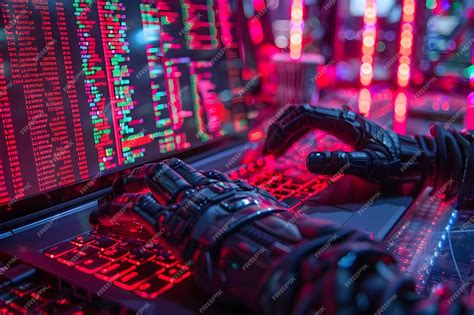 cybersecurity threats and hacker activity with robotic hands and red digital code premium ai