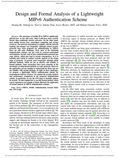 Design And Formal Analysis Of A Lightweight Mipv6 Authentication Scheme Pdf