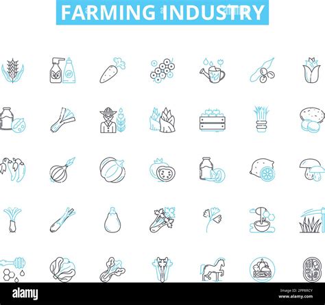 Farming Industry Linear Icons Set Agriculture Crops Livestock Harvesting Irrigation