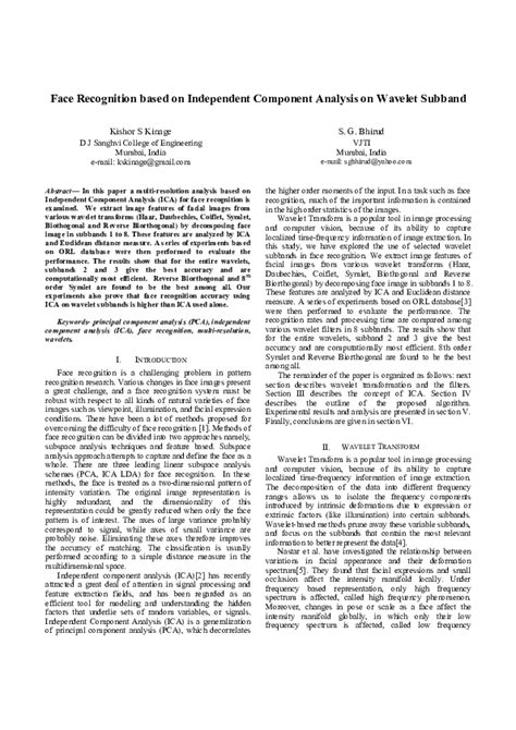 Pdf Face Recognition Based On Independent Component Analysis On Wavelet Subband Kishor