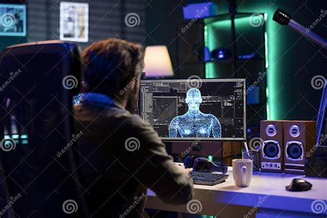 Programmer Discussing With Sentient Ai Becoming Superintelligent Stock