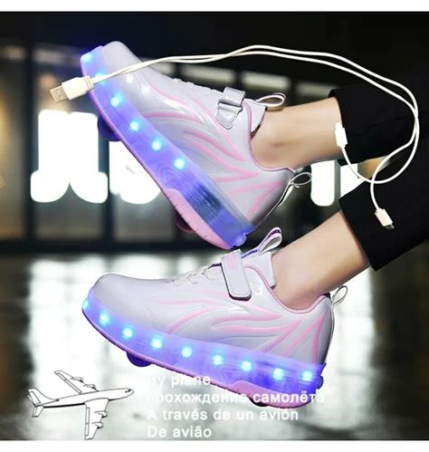 소년 야광 스니커즈 더블 두 바퀴 롤러 스케이트 신발 성인 Usb 충전 핑크 소녀 티몬