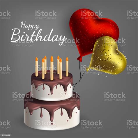심장의 모양에 케이크와 풍선 벡터 일러스트 엽서 포스터에 대 한 배경 고무에 대한 스톡 벡터 아트 및 기타 이미지 고무 공기 주입 금 금속 Istock