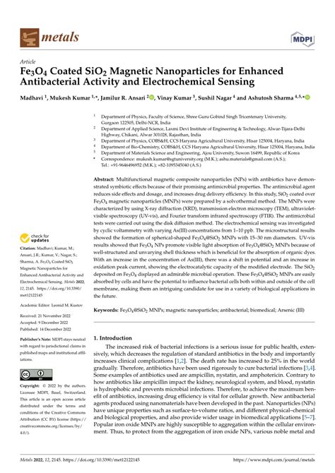 Pdf Fe3o4 Coated Sio2 Magnetic Nanoparticles For Enhanced Antibacterial Activity And