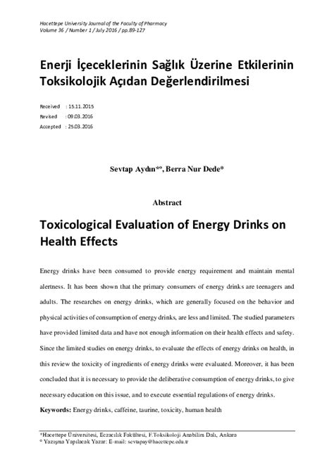Pdf Toxicological Evaluation Of Energy Drinks On Health Effects