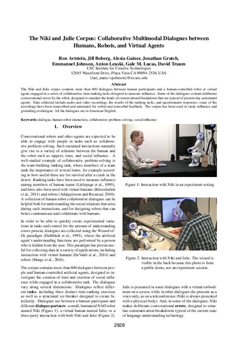 Pdf The Niki And Julie Corpus Collaborative Multimodal Dialogues Between Humans Robots And