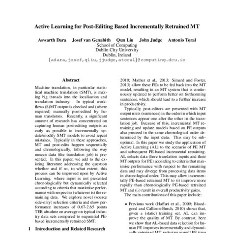 Active Learning For Post Editing Based Incrementally Retrained Mt Acl Anthology