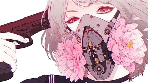 Anime Girl Gun Gas Mask Flower 4k 8420i Wallpaper 4k Hd