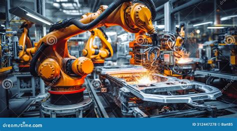 Precision Robotics Automated Arms In Car Manufacturing Stock