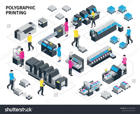 Isometric Colored Polygraphy Composition Color Printing Stock Vector