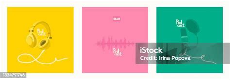 팟캐스트 브로드캐스트의 디자인을 위한 벡터 일러스트레이션 집합입니다 스탠드 헤드폰 사운드 트랙에 스튜디오 마이크 팟 캐스트