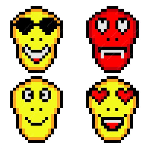 픽셀 아트의 이모티콘 또는 이모티콘 얼굴 아이콘 벡터 일러스트 레이 션 프리미엄 벡터