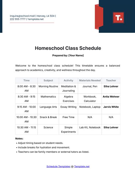 Free Subject Schedule Template To Edit Online