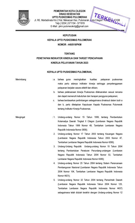 Terkendali Sk Penetapan Indikator Kinerja Dan Target 2023 Pemerintah Kota Cilegon Dinas