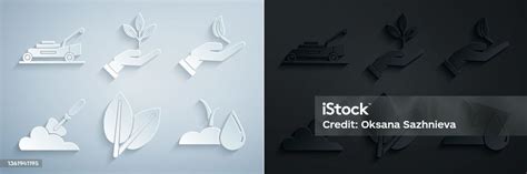 설정 잎 환경 보호의 손에 새싹 정원 흙 스페이드 또는 땅을 삽 물 새싹 식물과 잔디 깎는 기계 아이콘 벡터 3차원 형태에 대한 스톡 벡터 아트 및 기타 이미지 Istock