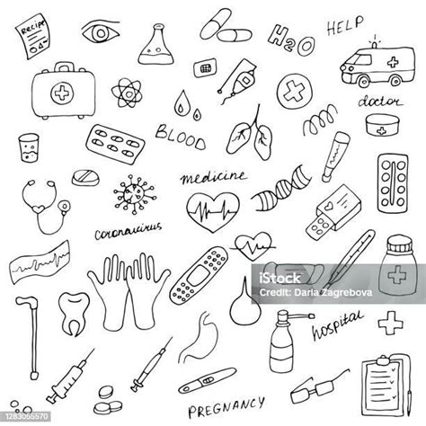 손으로 그려진 의료 아이템의 벡터 오리지널 흑백 세트 낙서 컬렉션 0명에 대한 스톡 벡터 아트 및 기타 이미지 0명 건강관리와 의술 구급차 Istock