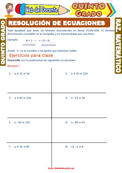 Resolución De Ecuaciones Para Quinto Grado De Primaria Razonamiento