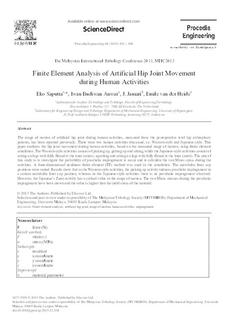 Pdf 2013 Finite Element Analysis Of Artificial Hip Joint Movement B Vishwas Vishwas