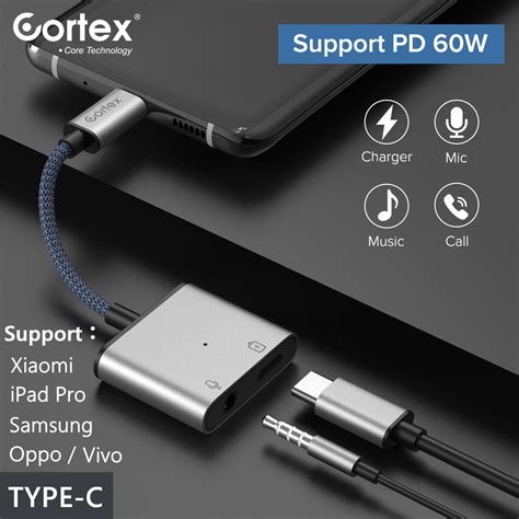 Jual Cortex Adapter Splitter 2 In 1 60W Tipe C To 3 5mm To Type C USB C Pad Pro Xiaomi Samsung