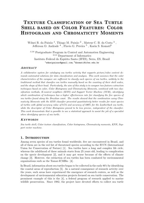 Pdf Texture Classification Of Sea Turtle Shell Based On Color Features Color Histograms And