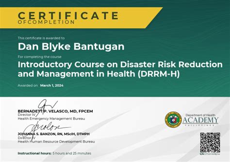 Certificate Of Completion Introductory Course On Disaster Risk Reduction And Management In