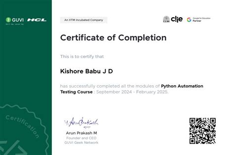 Completed Python Automation Testing Course At Guvi Geek Networks