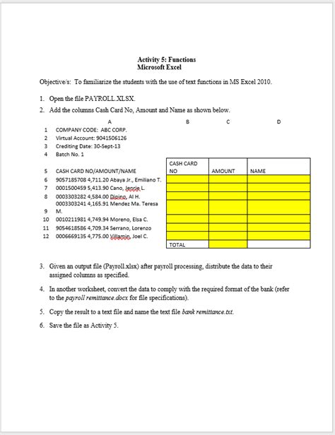 Activity Functions Microsoft Excel Objectives To Chegg Com