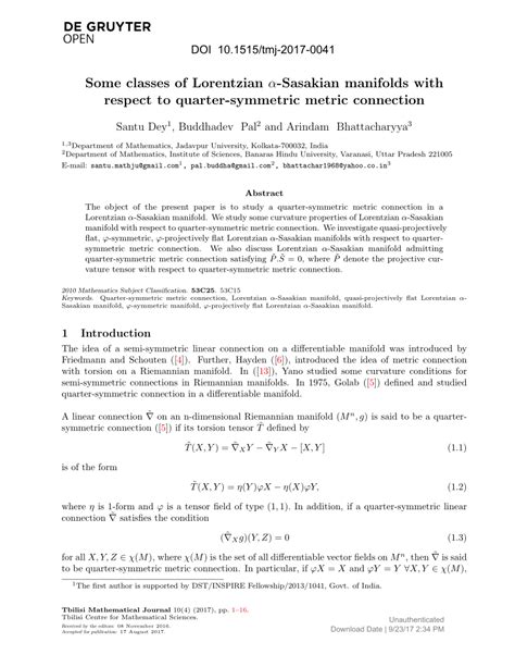 Pdf Some Classes Of Lorentzian α Sasakian Manifolds With Respect To Quarter Symmetric Metric