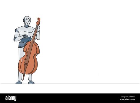 Continuous One Line Drawing Robot Musician Playing Double Bass Or Contrabassist With Finger