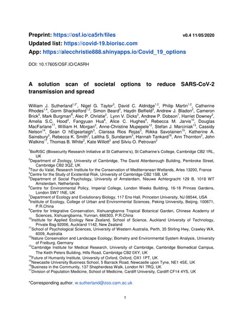 Pdf A Solution Scan Of Societal Options To Reduce Sars Cov 2 Transmission And Spread
