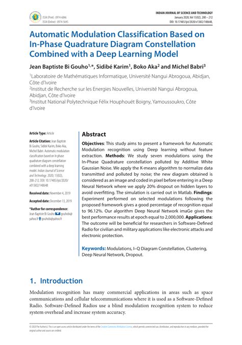 PDF Automatic Modulation Classification Based On In Phase Quadrature Diagram Constellation