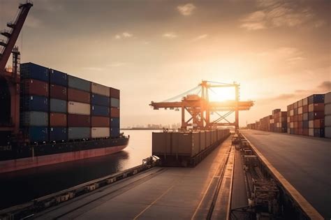 Premium Ai Image Container Loading In A Cargo Freight Ship With Industrial Crane Container