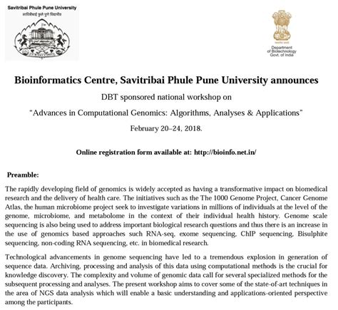 National Workshop On Advances In Computational Genomics Algorithms Analyses And Applications