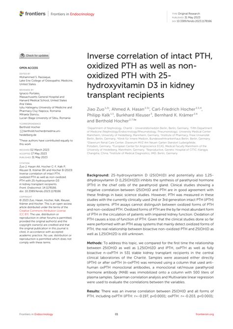 Pdf Inverse Correlation Of Intact Pth Oxidized Pth As Well As Non