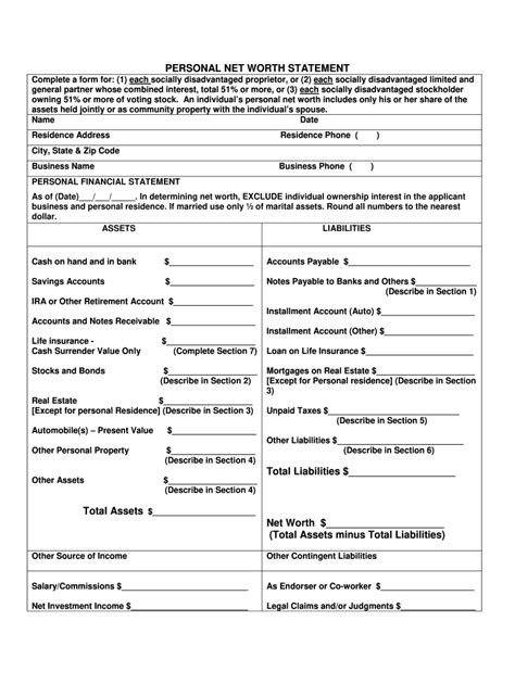 Personal Net Worth Statement Template Fill Online Printable Worksheets Library