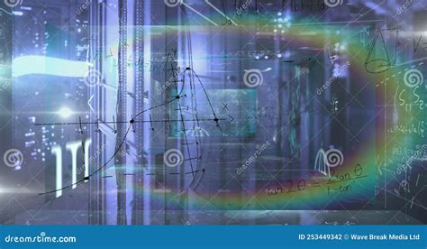Animation Of Prismatic Ring Processing Data And Maths Calculations Over Computer Server Room