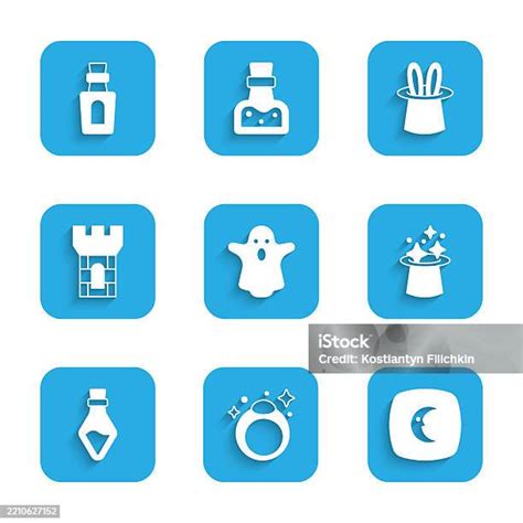유령 마법의 돌 반지 달과 별 모자 물약이 든 병 성탑 마술사 토끼 귀 및 아이콘을 설정합니다 벡터 가득 찬에 대한 스톡 벡터 아트 및 기타 이미지 Istock