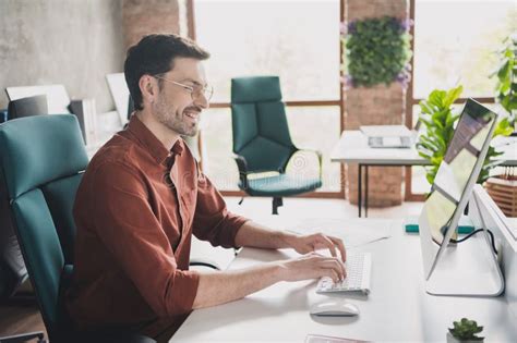 Photo Of Nice Boss Man Typing Computer Keyboard Dressed Brown Formalwear Comfortable Light