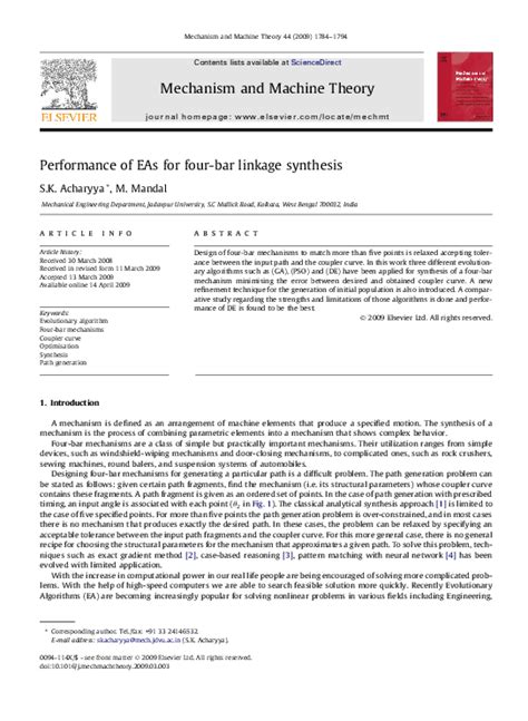 Pdf Performance Of Eas For Four Bar Linkage Synthesis