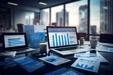 Data Analysis On Laptop With Charts And Graphs In Modern Office Stock
