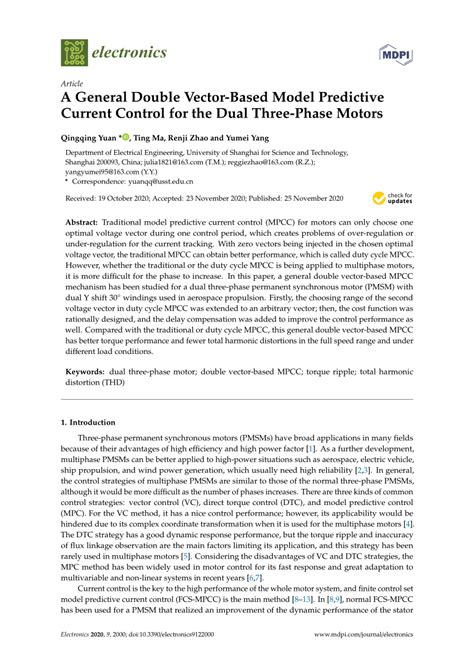 Pdf A General Double Vector Based Model Predictive Current Control For The Dual Three Phase Motors