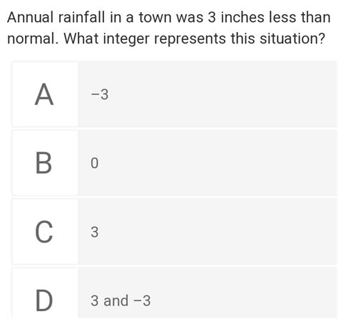 Annual Rainfall In A Town Was 3 Inches Less Than Normal What Integer