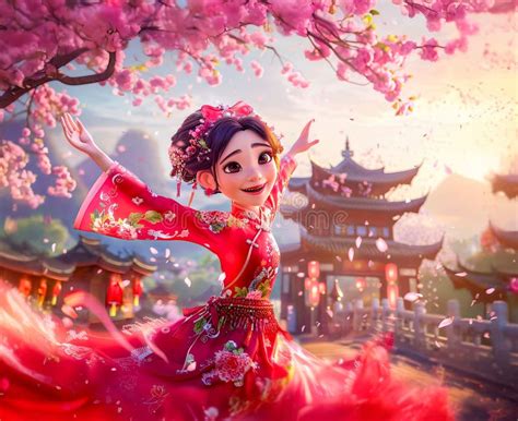 Comic Girl Dancing With Cherry Blossoms In March Stock Illustration