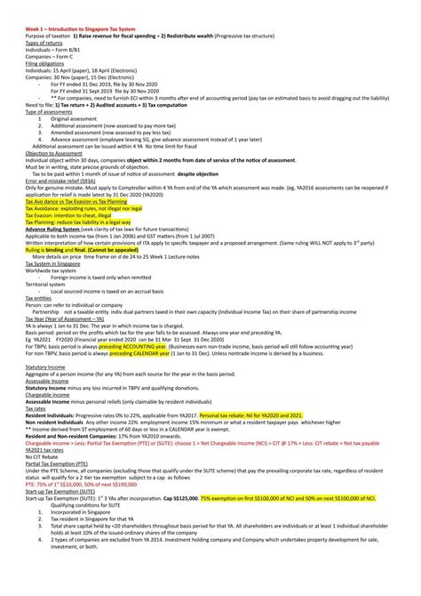 Taxation Summary Acc3703 Taxation Nus Thinkswap