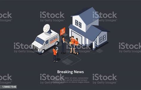 만화 3d 스타일의 벡터 일러스트레이션 글과 어두운 배경에 등색 구성 속보 컨셉 아트 집과 가족 여성 기자 인터뷰 미디어 방송 등측투영법에 대한 스톡 벡터 아트 및 기타