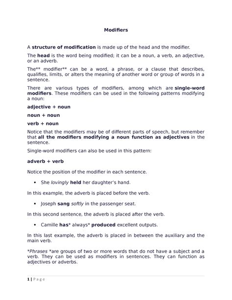 Modifiers Modifiers A Structure Of Modification Is Made Up Of The Head And The Modifier The
