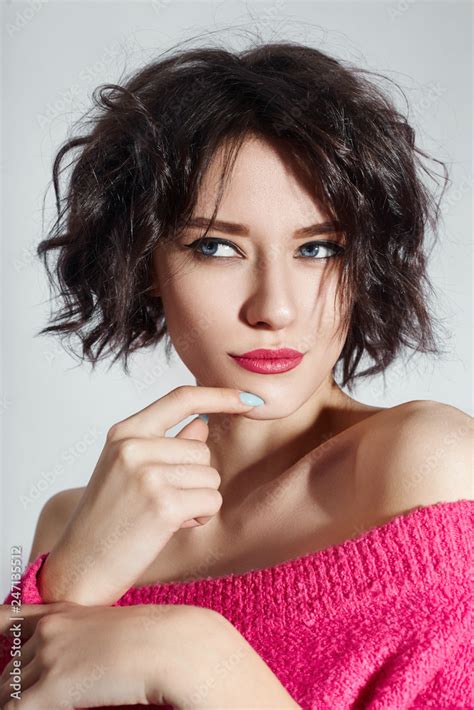 Sexy Woman With Short Hair Cut In Pink Red Sweater On White Background Perfect Girl With Wet