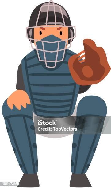 공을 기다리는 캐처 야구 선수 성격 유니폼 헬멧 벡터 일러스트 레이 션 길이에 대한 스톡 벡터 아트 및 기타 이미지 길이 남자 모션 Istock