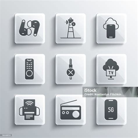 5g 스마트 Tv 오디오 잭 없음 프린터 시스템 원격 제어 에어 헤드폰 및 클라우드 기술 데이터 아이콘이 있는 라디오 모바일