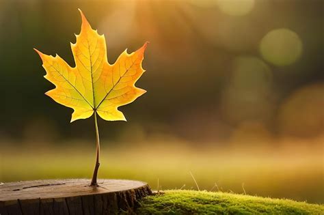 Premium Ai Image A Maple Leaf On A Log With The Sun Behind It